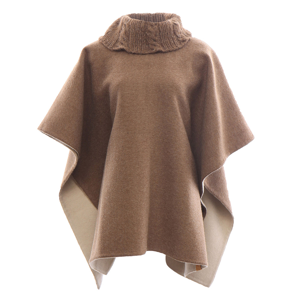 Stick & Ball | Knit Collar Alpaca Poncho | Cream and Camel
